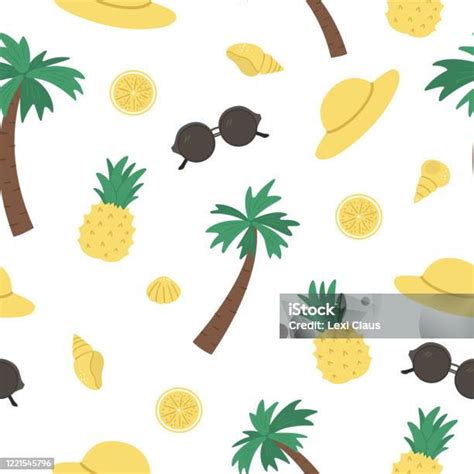 여름 요소와 벡터 원활한 패턴 야자수 파인애플 선글라스 조개와 아이들을위한 귀여운 평면 배경 휴가 해변 질감 개인 장식품에 대한 스톡 벡터 아트 및 기타 이미지 Istock