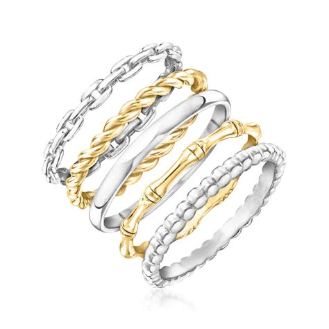 Sterling Silver And 18kt Gold Over Sterling Jewelry Set Five Stackable