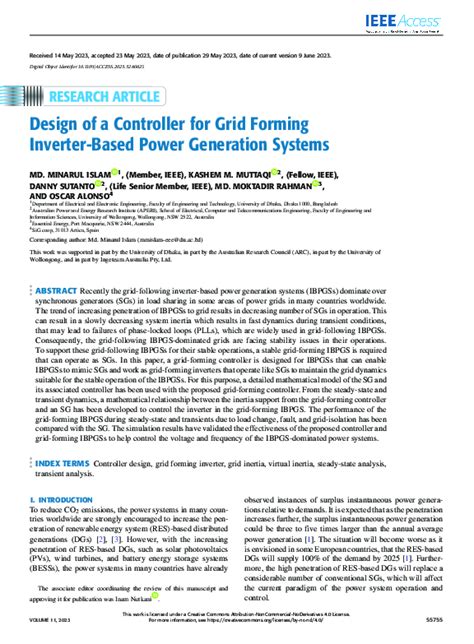 Pdf Design Of A Controller For Grid Forming Inverter Based Power Generation Systems