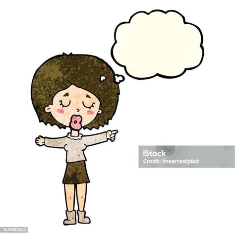 말풍선이 있고 손으로 가리키는 여성 만화 캐릭터 가리키기에 대한 스톡 벡터 아트 및 기타 이미지 가리키기 낙서 드로잉