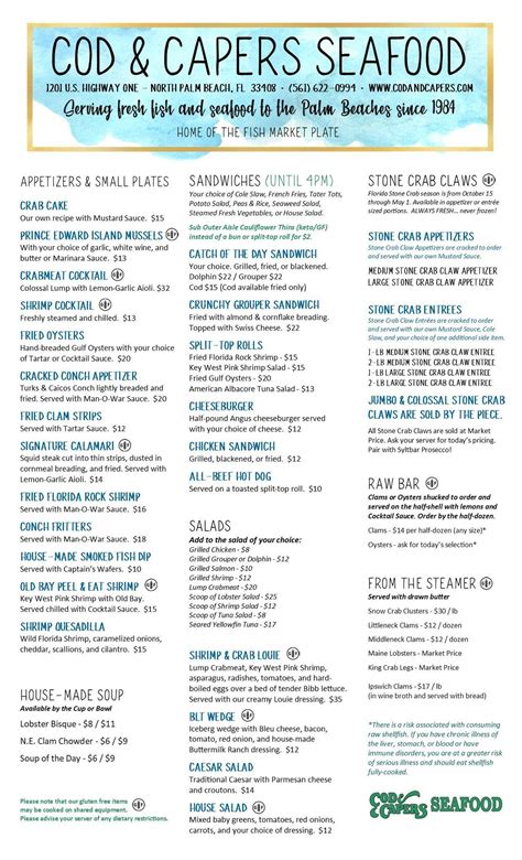 Menu At Cod And Capers Seafood Marketplace And Café Restaurant North Palm Beach