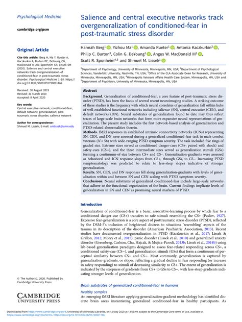 Pdf Salience And Central Executive Networks Track Overgeneralization Of Conditioned Fear In