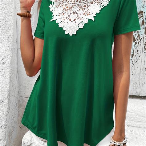 contrast lace t shirt casual crew neck short sleeve summer t shirt women s clothing shop now