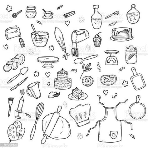 손으로 그린 베이킹 요소 조리법 만들기 컵 케이크와 케이크를 만들기위한 장비 세트 낙서의 만화 스케치 벡터 일러스트 레이 션 스케치에 대한 스톡 벡터 아트 및 기타 이미지