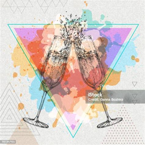 예술 다각형 수채화 배경에서 샴페인 클린 킹 안경의 손 그리기 그림 0명에 대한 스톡 벡터 아트 및 기타 이미지 0명 고풍스런 공휴일 Istock