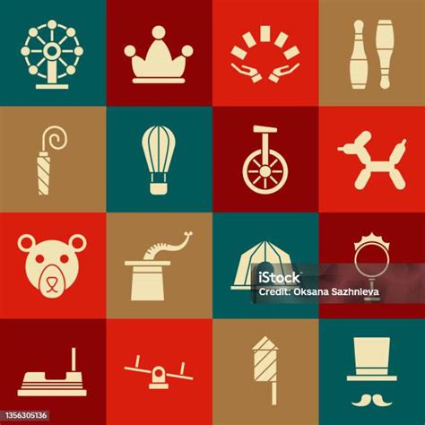 세트 마술사 서커스 화재 후프 풍선 개 손 들고 카드 열기구 생일 파티 경적 관람수와 외발 자전거 아이콘 벡터 1에 대한 스톡 벡터 아트 및 기타 이미지 Istock