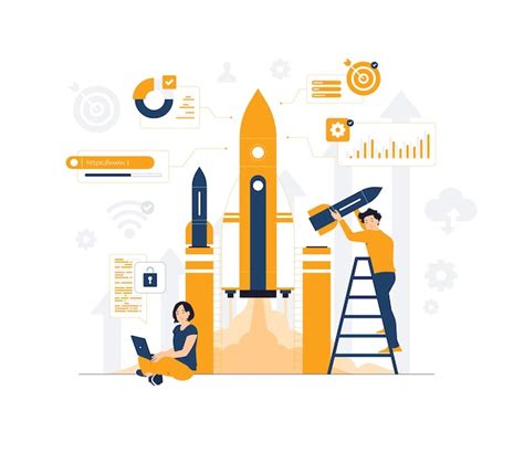 시작 혁신 기업가 정신 창의성 성장 동기 부여 기회 및 성공 로켓은 새로운 아이디어 협업 및 투자 개념 그림의 출시를 상징합니다 프리미엄 벡터