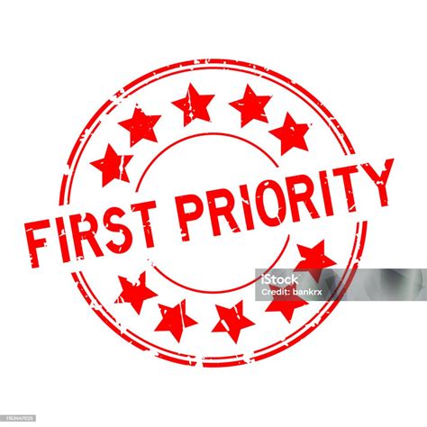 그런 지 빨간 첫 번째 우선 순위 단어와 함께 스타 아이콘 라운드 고무 인감 스탬프 흰색 바탕에 개념에 대한 스톡 벡터 아트 및 기타 이미지 Istock