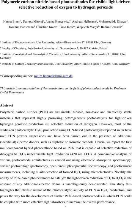 Polymeric Carbon Nitride Based Photocathodes For Visible Light Driven Selective Reduction Of