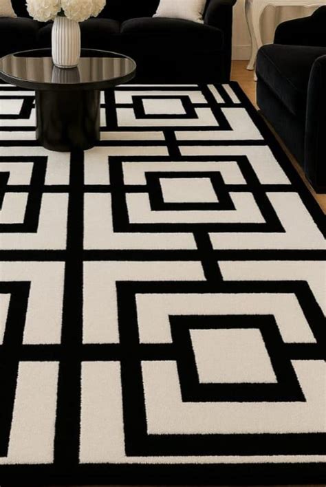 Modern Black And White Geometric Area Rug Luxury Hand Tufted