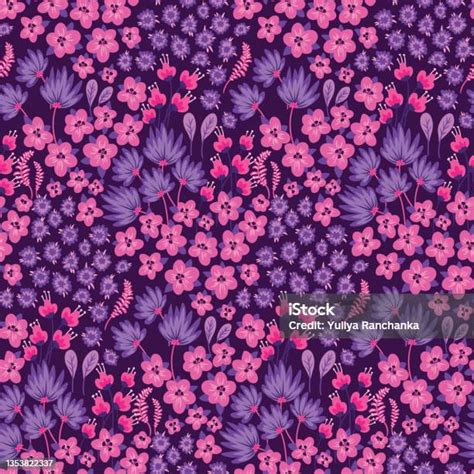보라색 꽃 초원과 원활한 패턴 작은 꽃과 잎꽃 무늬 빈티지 디자인의 식물 프린트가 다양합니다 벡터 그림입니다 0명에 대한 스톡 벡터 아트 및 기타 이미지 Istock