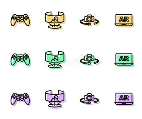 Set Line 360 Degree View Gamepad And Augmented Reality Ar Icon Vector Stock Vector
