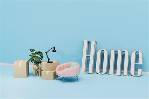 새 집으로 이사하는 개념 상자에 담긴 것들과 파란색 배경에 있는 비문 집 3d 렌더링 가구에 대한 스톡 사진 및 기타 이미지 가구 가정 생활 나름 Istock