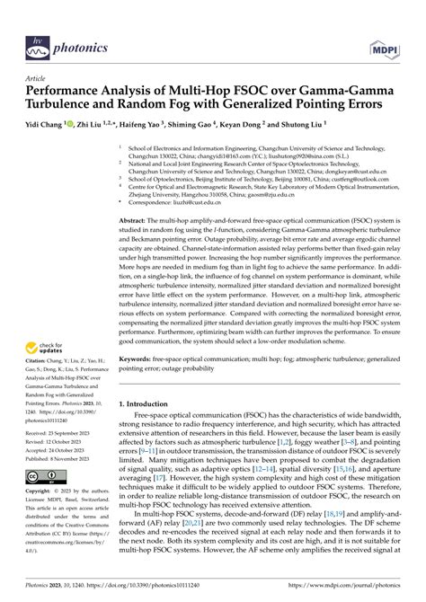 pdf performance analysis of multi hop fsoc over gamma gamma turbulence and random fog with