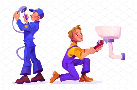 Plumbers In Uniform Repair Bathroom People Illustrations ~ Creative Market