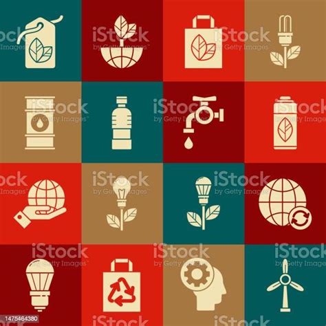 풍력 터빈 행성 지구 및 재활용 재활용 플라스틱 병 재활용 종이 쇼핑백 물 한 병 오일 배럴 라인 태그 잎 기호 및 물 탭 아이콘을 설정합니다 벡터 아이콘에 대한 스톡 벡터