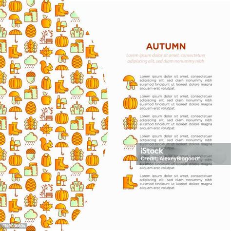 가을 개념 동그라미에 얇은 선 아이콘 메이플 버섯 참나무 잎 사과 호박 우산 레인 코트 도토리 고무 장화 비옷 다람쥐 벡터 일러스트 레이 션 인쇄 미디어 템플릿 0명에 대한