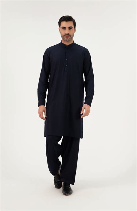 Basic Fancy Band Collar Shalwar Suit Navy Blue