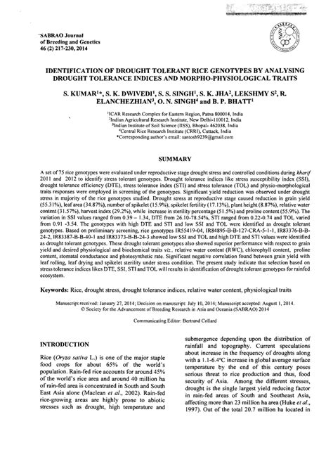 Pdf Identification Of Drought Tolerant Rice Genotypes By Analysing Drought Tolerance Indices