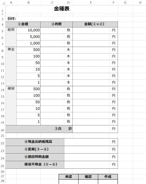 金種表（excel）無料テンプレート「02308」はシンプルでありながら使いやすい！｜