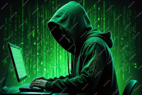 Silhouette Of A Hacker In A Hood With Binary Code On A Luminous Green