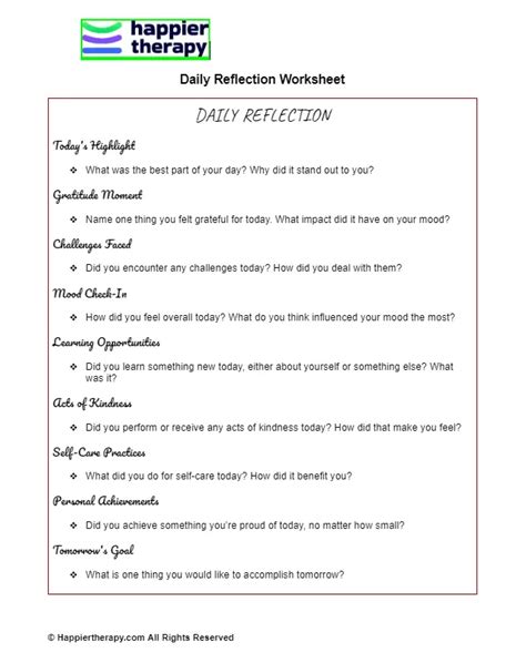 Daily Reflection Worksheet Happiertherapy