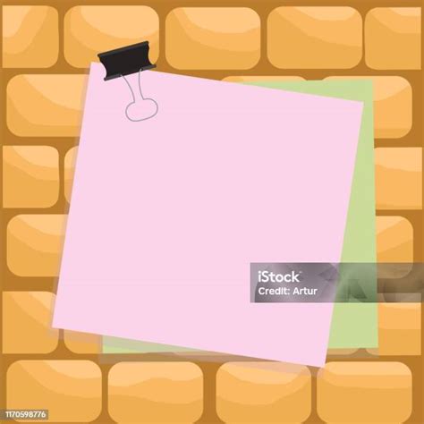 컬러풀한 배경에 검은 색 바인더 클립이 붙어있는 두 개의 종이 노트를 색칠했습니다 표면에 사무실 클립에 의해 첨부 된 빈 알림 메모 빈 사각형 공간 메모장입니다 개인