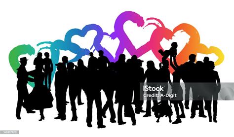 실루엣 발렌타인 데이 재미있는 군중 수채화 하트 레인보우 그라데이션 2월에 대한 스톡 벡터 아트 및 기타 이미지 2월 가족