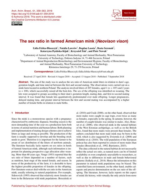 Pdf The Sex Ratio In Farmed American Mink Neovison Vison