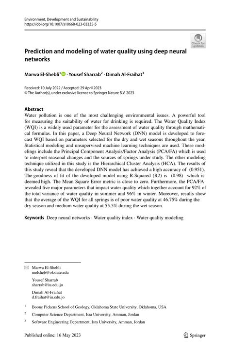 Pdf Prediction And Modeling Of Water Quality Using Deep Neural Networks