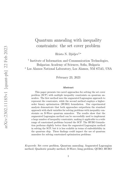 Pdf Quantum Annealing With Inequality Constraints The Set Cover Problem