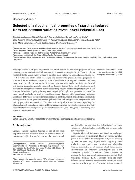 Pdf Selected Physicochemical Properties Of Starches Isolated From 10 Cassava Varieties Reveal