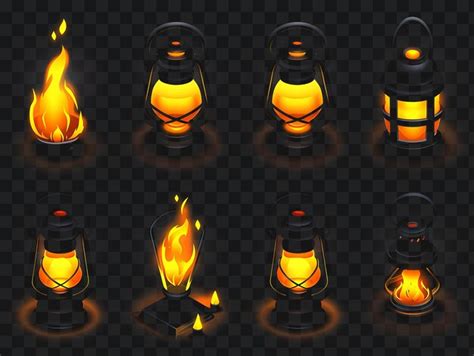 Premium Psd Set Of Glowing Lantern 16 Bit Pixel With Metal And Flame