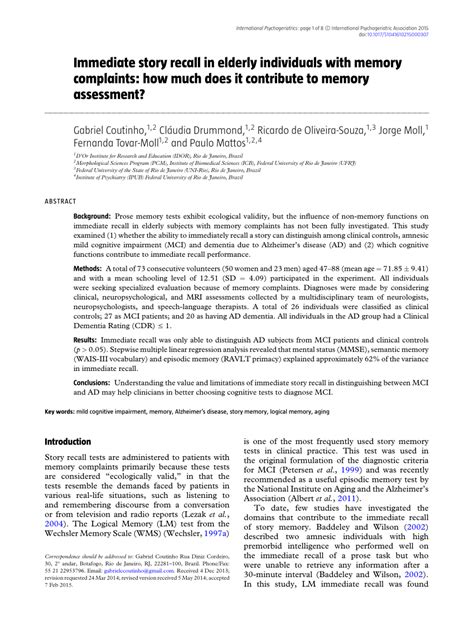 Pdf Immediate Story Recall In Elderly Individuals With Memory