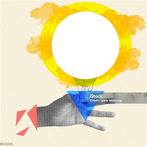 비즈니스 사진 콜라주 지저분한 하프톤 전구를 들고 있는 손의 흑백 사진 텍스트와 이미지를 위한 공간을 복사합니다 디지털 아트 30 34세에 대한 스톡 벡터 아트 및 기타