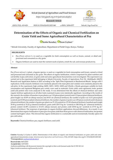 Pdf Determination Of The Effects Of Organic And Chemical Fertilization On Grain Yield And Some
