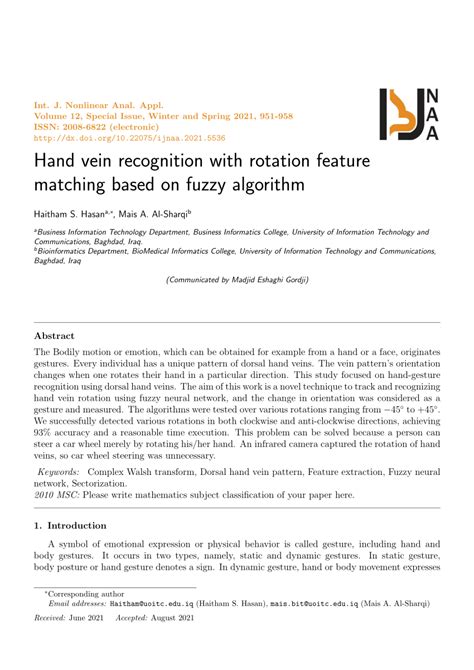 Pdf Hand Vein Recognition With Rotation Feature Matching Based On Fuzzy Algorithm