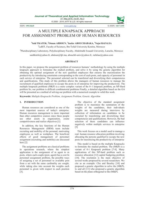 Pdf A Multiple Knapsack Approach For Assignment Problem Of Human Resources