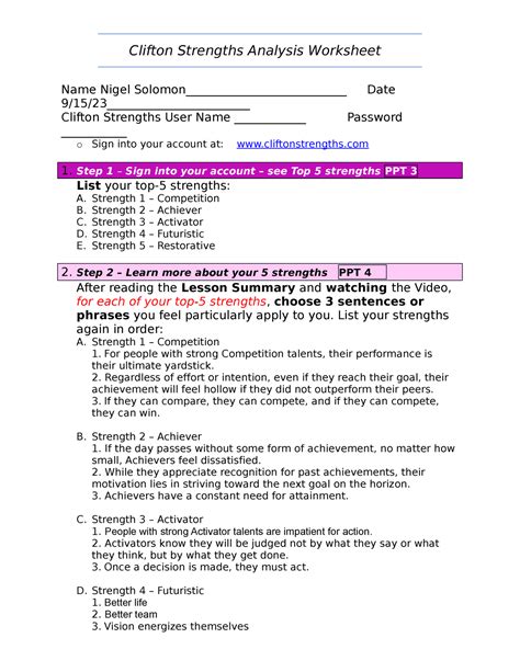 Clifton Strengths Done Clifton Strengths Analysis Worksheet Name