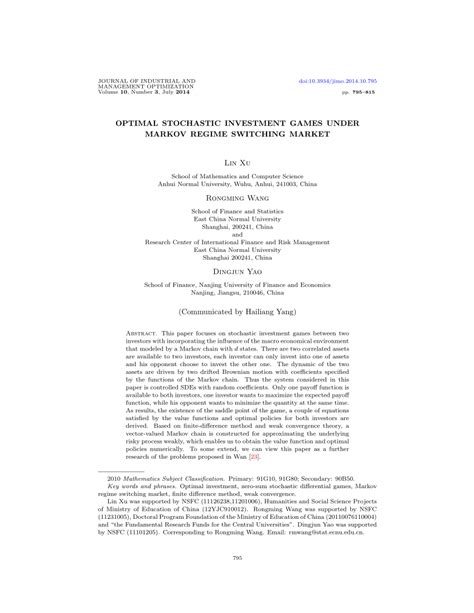 Pdf Optimal Stochastic Investment Games Under Markov Regime Switching