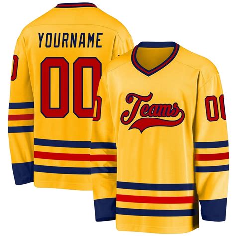 Custom Gold Red Navy Hockey Jersey Top Hockey Gear Sticks Helmets