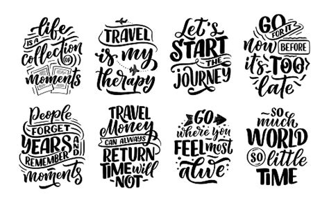 여행과 좋은 순간에 대한 라이프 스타일 영감 따옴표로 설정 포스터와 인쇄를위한 손으로 그린 글자 슬로건 동기 부여 타이포그래피