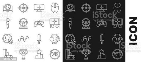 세트 라인 가상 현실 안경 헤드폰 휴대용 비디오 게임 콘솔 컴퓨터 모니터 레이싱 시뮬레이터 조종석 아케이드 기계조이스틱 계정 화면 및 게임 패드 아이콘 을 만듭니다 벡터 3