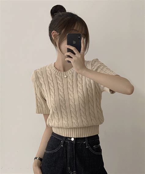 [고퀄리티 허리잘록] 파우더 봄 라운드 여름 반팔 꽈배기 세미 크롭 니트 반팔티 6color 에이블리