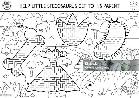공룡 흑인과 백인 미로 기하학적 뼈 발자국 화산을 가진 아이들 선사 시대 라인 인쇄 가능한 활동 공룡 땅 미로 게임 색칠 공부 페이지 작은 스테고사우루스와 퍼즐 0명에 대한