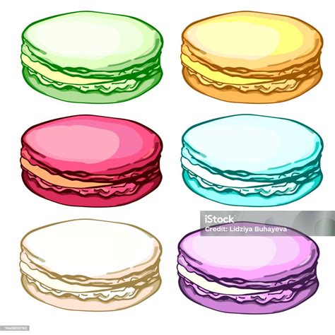 마카롱 세트입니다 흰색 배경에 격리된 다양한 맛과 색상의 아몬드 쿠키 벡터 그림입니다 인사말 카드 엽서 인쇄 패션 디자인 메뉴에 대 한 템플릿입니다 개념에 대한 스톡 벡터
