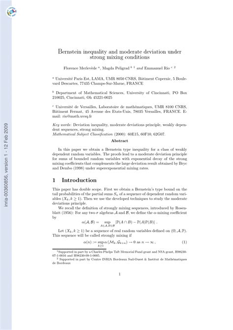Pdf Bernstein Inequality And Moderate Deviations Under Strong Mixing Conditions