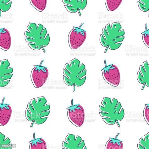 Monstera 종 려 잎 및 딸기 벡터 완벽 한 패턴입니다 유행 여름 열 대 디자인입니다 0명에 대한 스톡 벡터 아트 및 기타