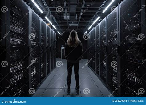 Back View Of A Young Woman Standing In The Server Room With Rows Of Back View Of A Young Woman Standing In The Server Room With Rows Of