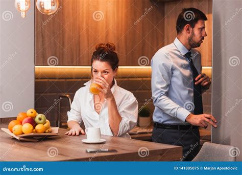 Morning Routine Of A Young Married Couple Stock Image Image Of